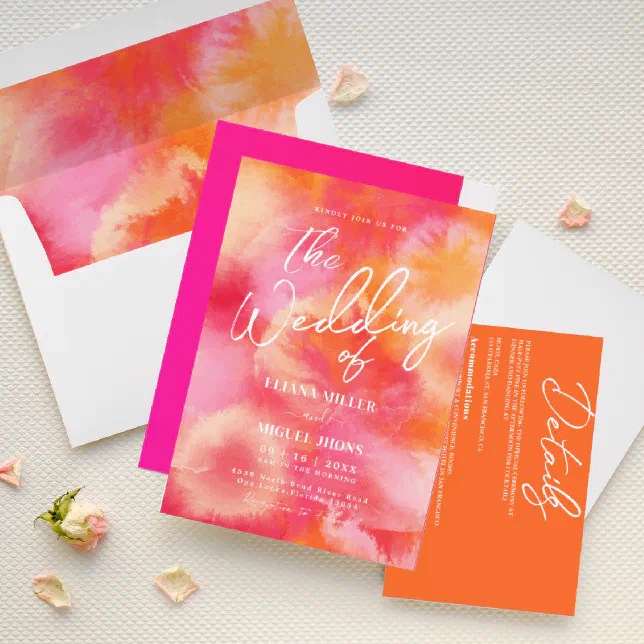 Modern hot Pink and Orange watercolor Wedding Invitation | Zazzle