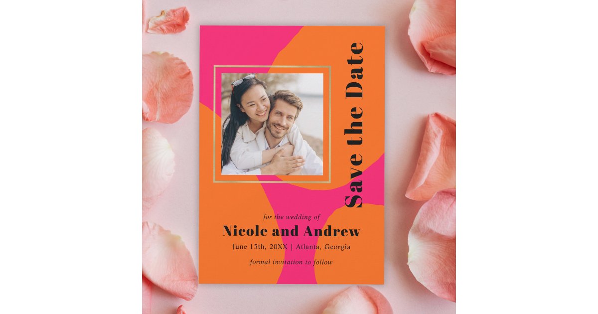 Modern Hot Pink and Orange Wedding Save the Date | Zazzle