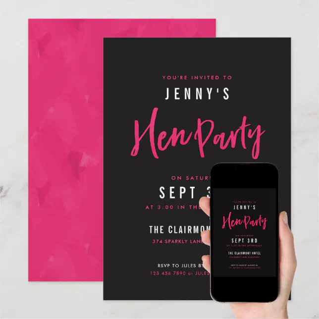 Modern Hot Pink & Black Hen Party Invites | Zazzle