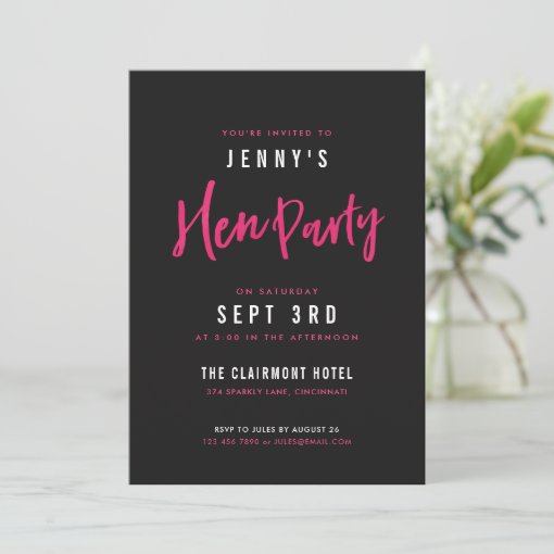 Modern Hot Pink & Black Hen Party Invites | Zazzle