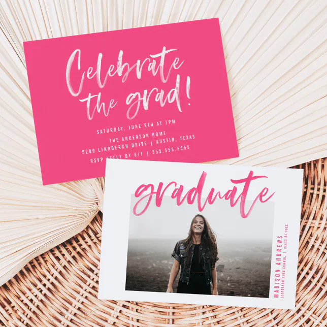 Modern Hot Pink Brushed Script Graduation Party Invitation | Zazzle
