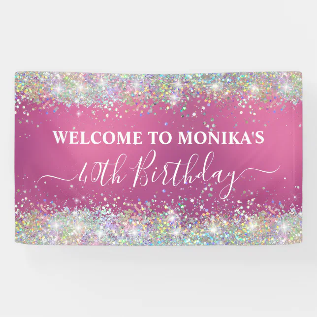Modern Hot Pink Holographic Faux Glitter Monogram Banner | Zazzle