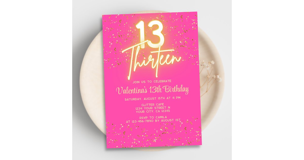Modern Hot Pink Neon Glow Gold Glitter 13 Birthday Invitation | Zazzle