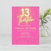 Modern Hot Pink Neon Glow Gold Glitter 13 Birthday Invitation | Zazzle
