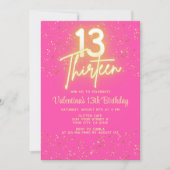 Modern Hot Pink Neon Glow Gold Glitter 13 Birthday Invitation | Zazzle