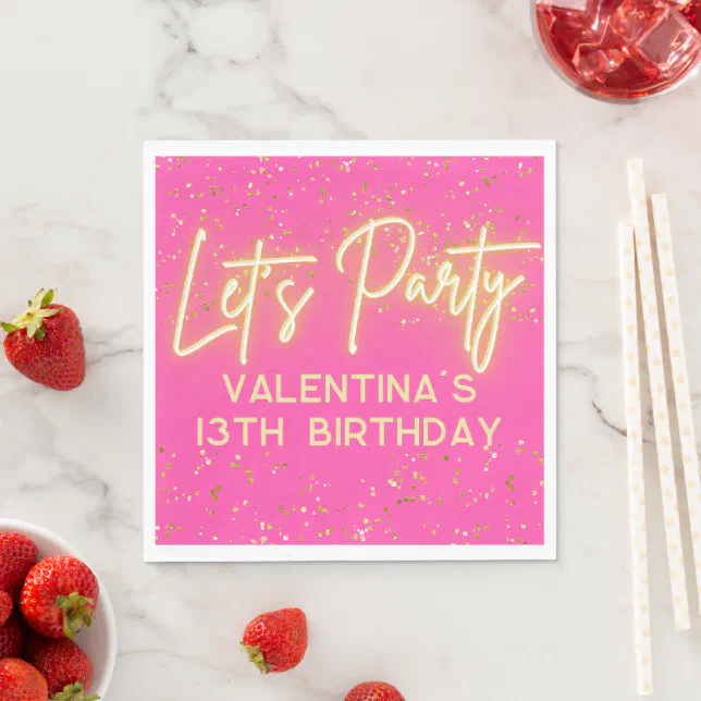 Modern Hot Pink Neon Glowing Let's Party Birthday Napkins | Zazzle