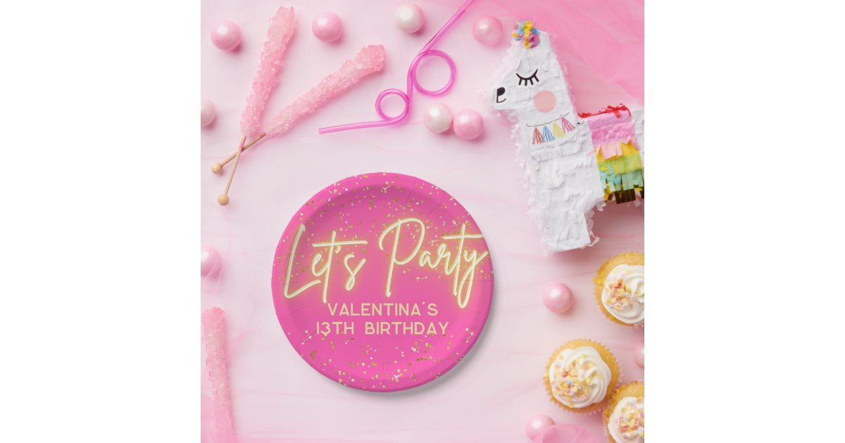 Modern Hot Pink Neon Glowing Let's Party Birthday Paper Plates | Zazzle