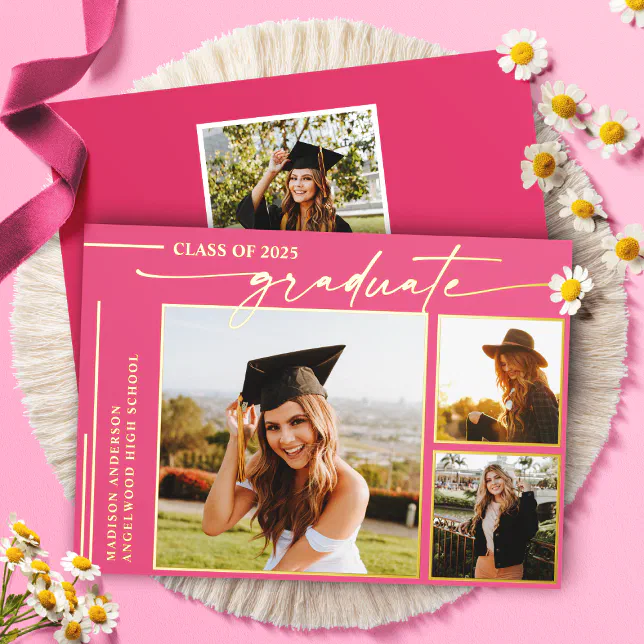 Modern Hot Pink Script Graduate Photo Graduation Foil Invitation | Zazzle