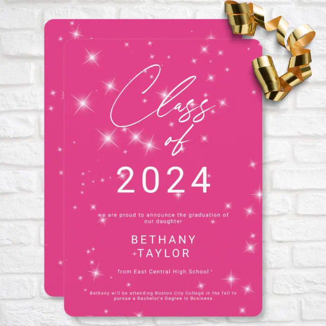 Modern Hot Pink & White Sparkle Graduation Announcement | Zazzle
