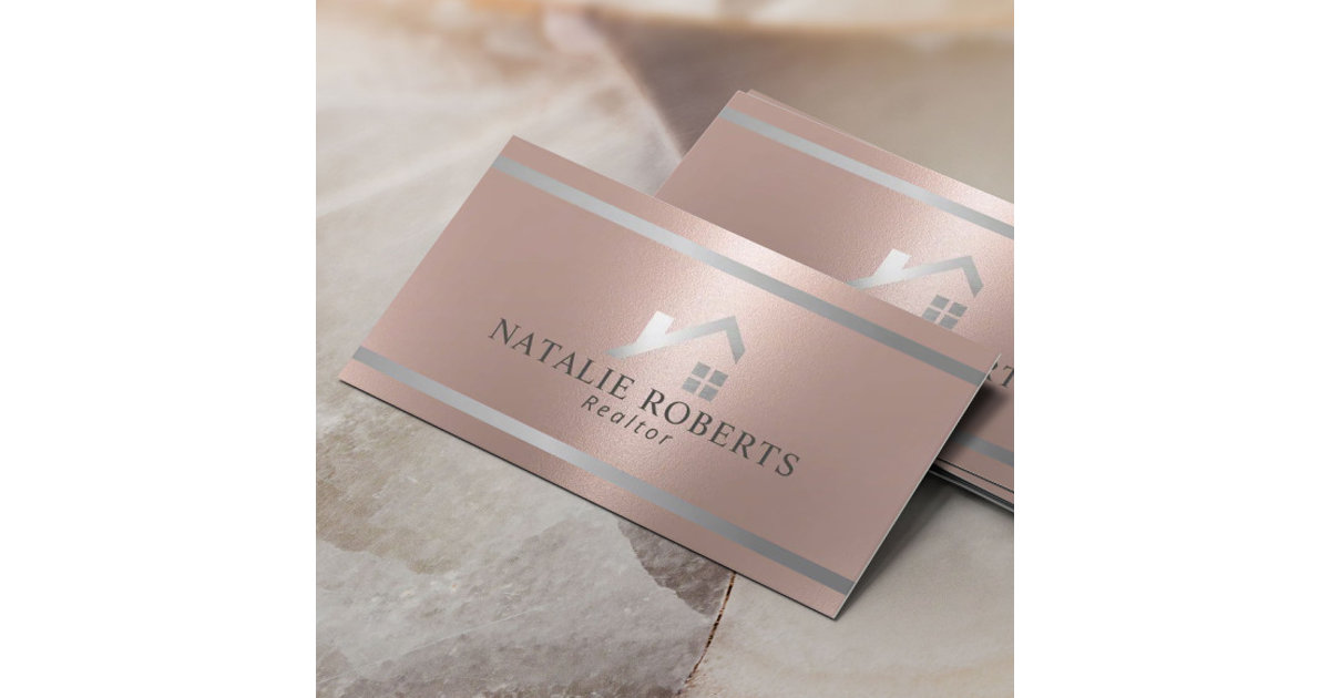 Modern House Logo Real Estate Realtor Rose Gold Business Card | Zazzle