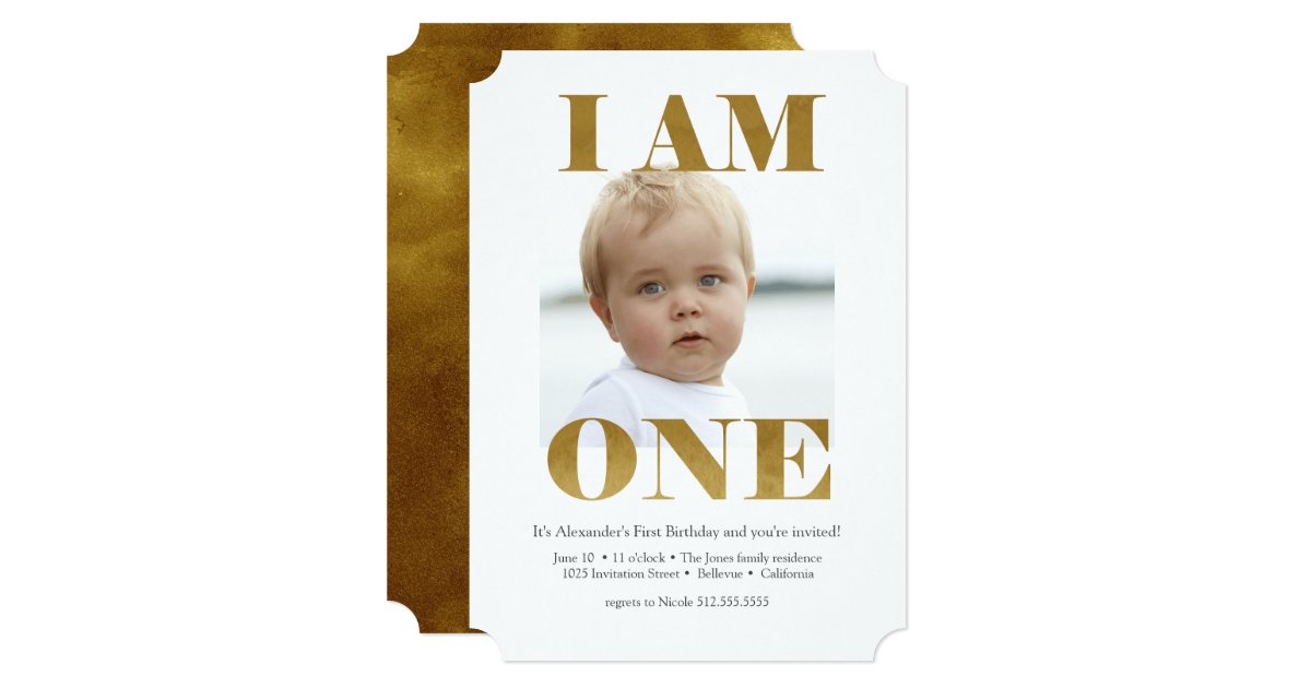 Modern "I AM ONE" Gold 1st Birthday Invitation | Zazzle.com