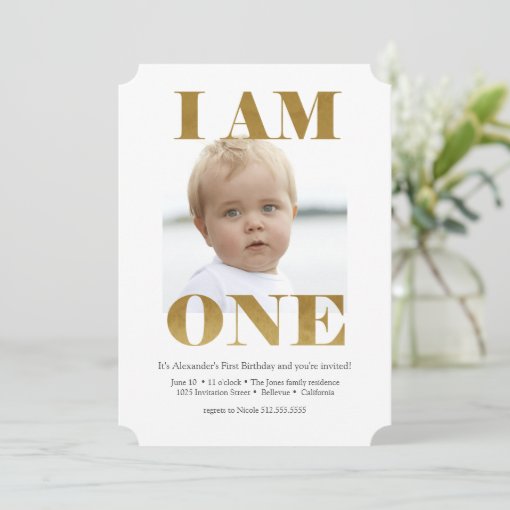 Modern "I AM ONE" Gold 1st Birthday Invitation | Zazzle