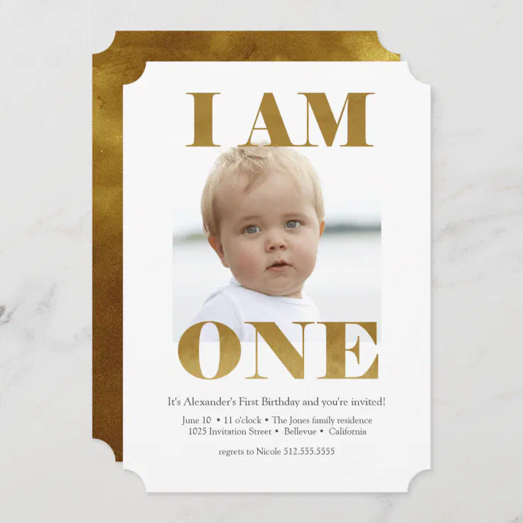 Modern "I AM ONE" Gold 1st Birthday Invitation | Zazzle