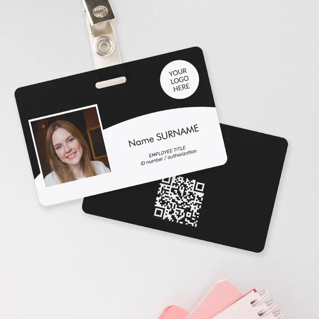 Modern ID card company logo photo QR code black Badge | Zazzle