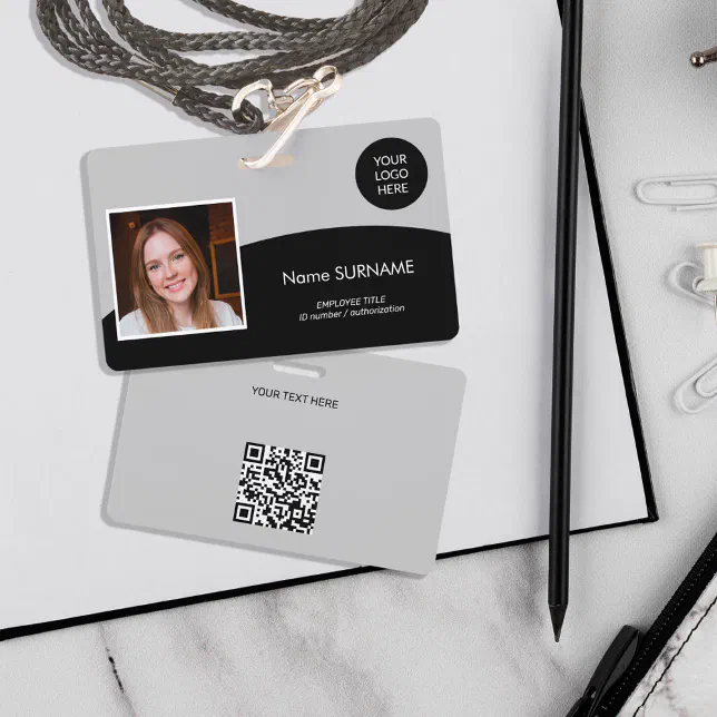 Modern ID card company logo photo QR code gray Badge | Zazzle