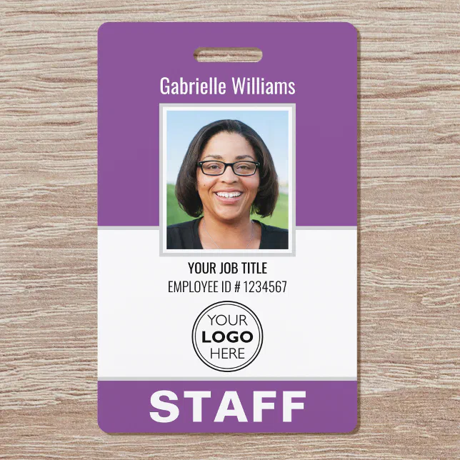 Modern ID Photo Security Staff Pass Purple Custom Badge | Zazzle