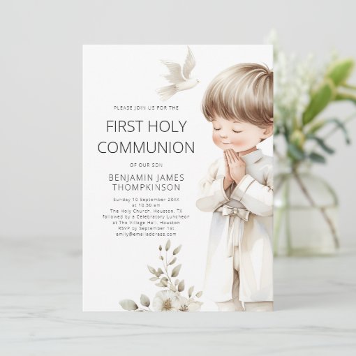 Modern illustration Boy Praying 1st Holy Communion Invitation | Zazzle