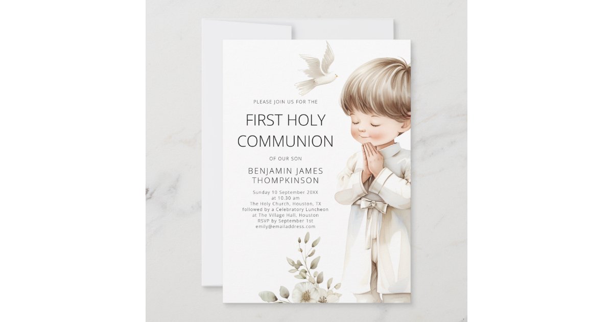 Modern illustration Boy Praying 1st Holy Communion Invitation | Zazzle