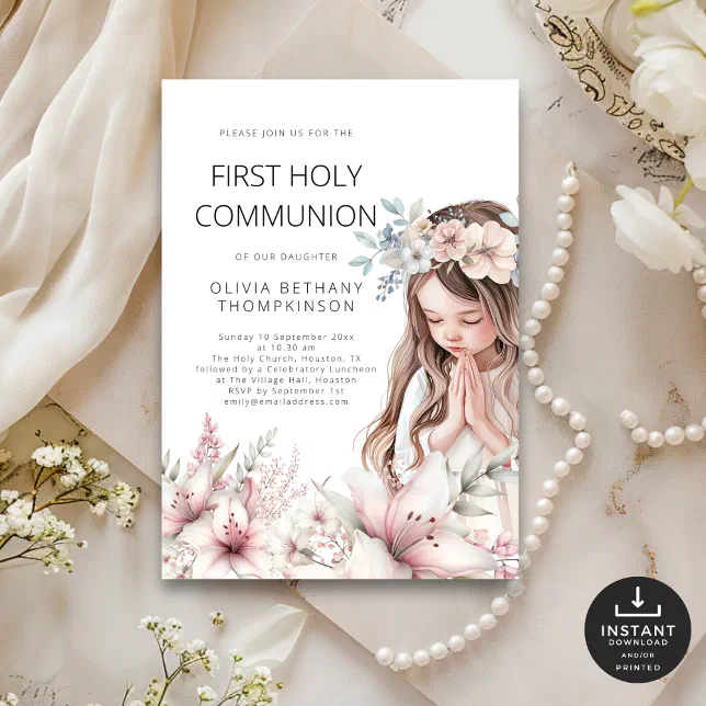 Modern illustration Girl Floral 1st Holy Communion Invitation | Zazzle