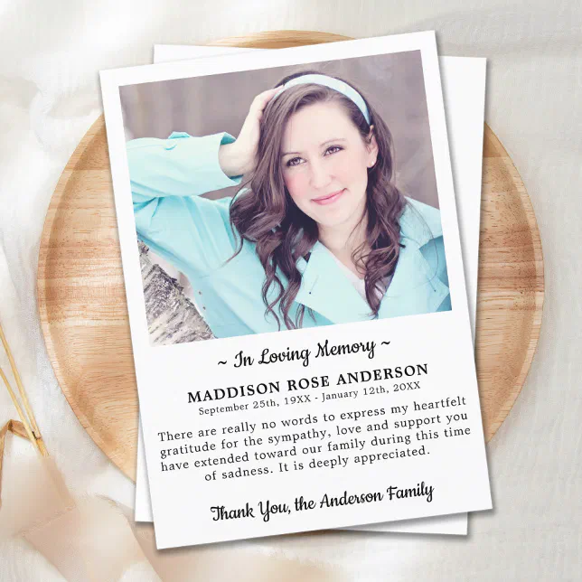 Modern In Loving Memory Photo Sympathy Funeral Thank You Card | Zazzle