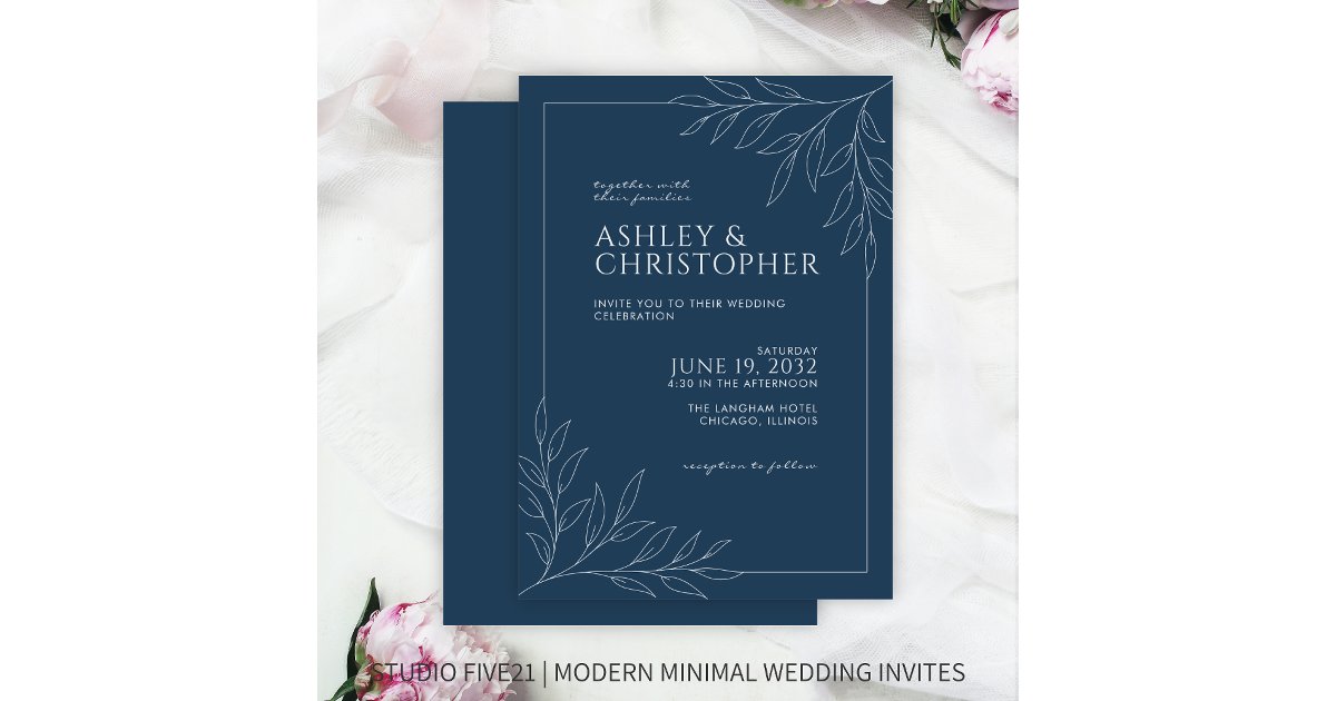 Modern Indigo Blue Foliage Outline Wedding Invitation | Zazzle