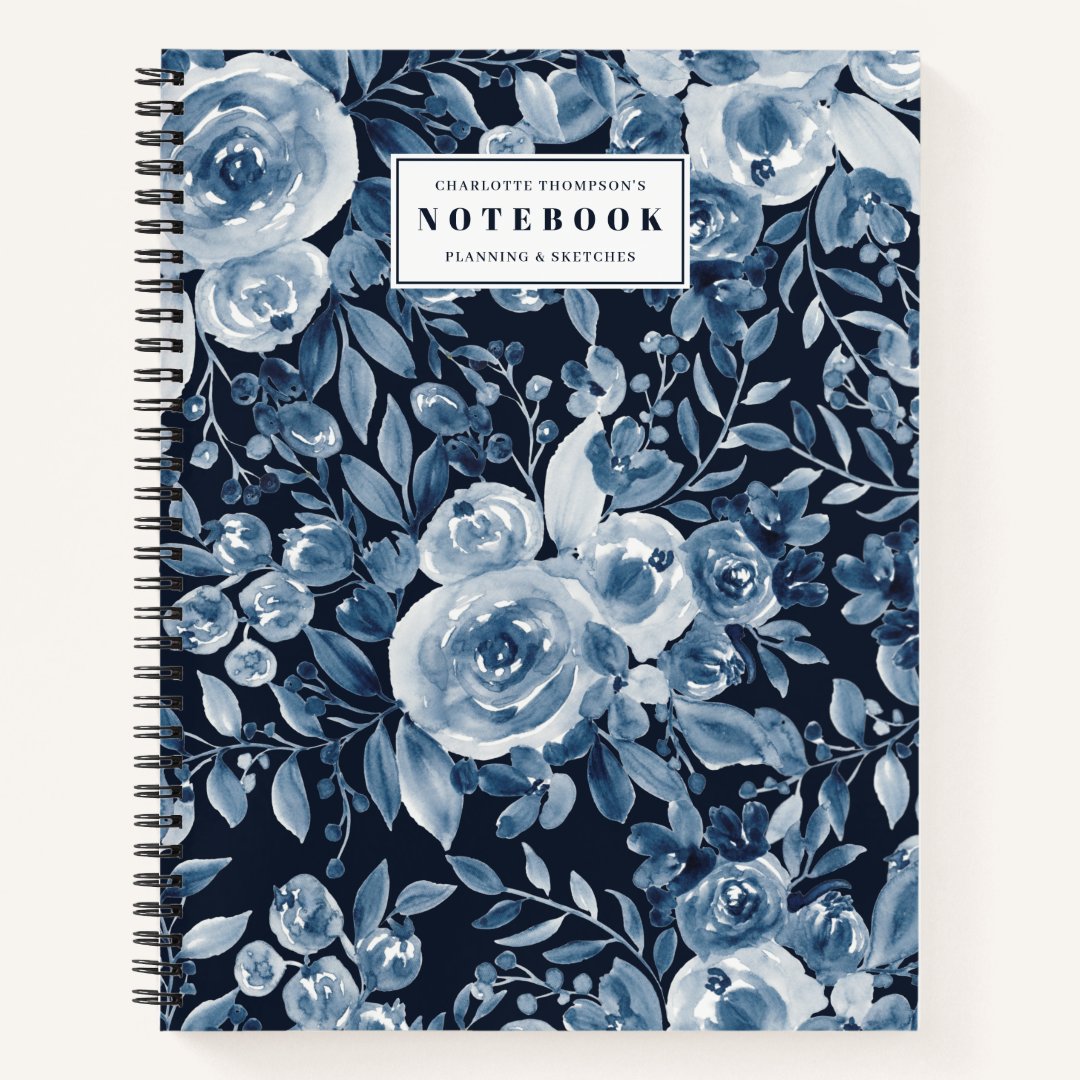 modern indigo floral watercolor name navy blue notebook | Zazzle