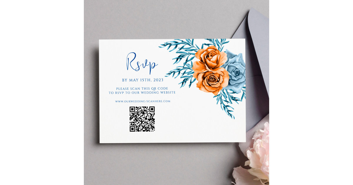 Modern Indigo Rust QR Code Floral Wedding RSVP Card | Zazzle
