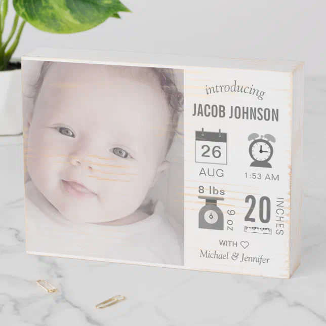 Modern Infographic Photo Birth Announcement Wooden Box Sign | Zazzle