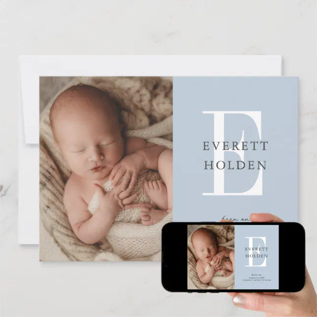 Modern Initial Blue Baby Three Photo Birth Announcement | Zazzle