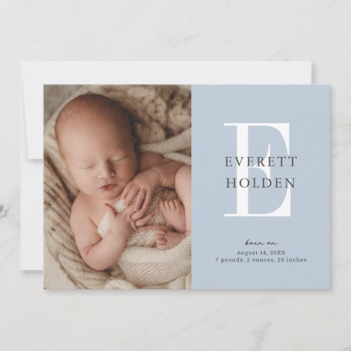 Modern Initial Blue Baby Three Photo Birth Announcement | Zazzle