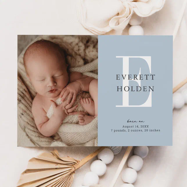 Modern Initial Blue Baby Three Photo Birth Announcement | Zazzle