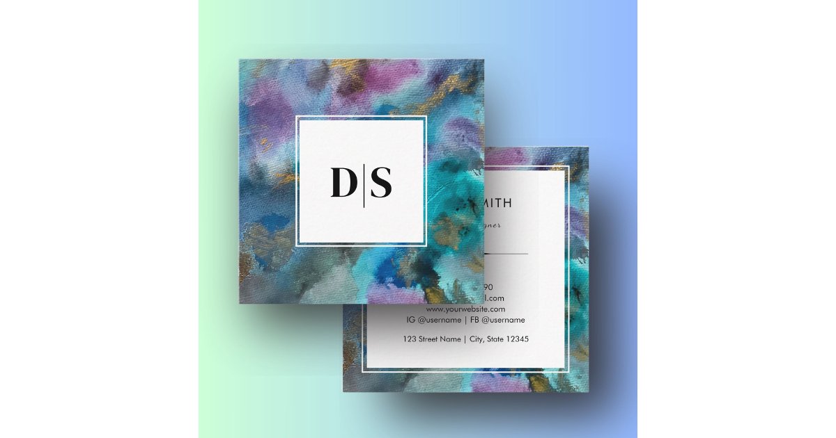 Modern Initial Border Blue Watercolor Abstract Square Business Card ...