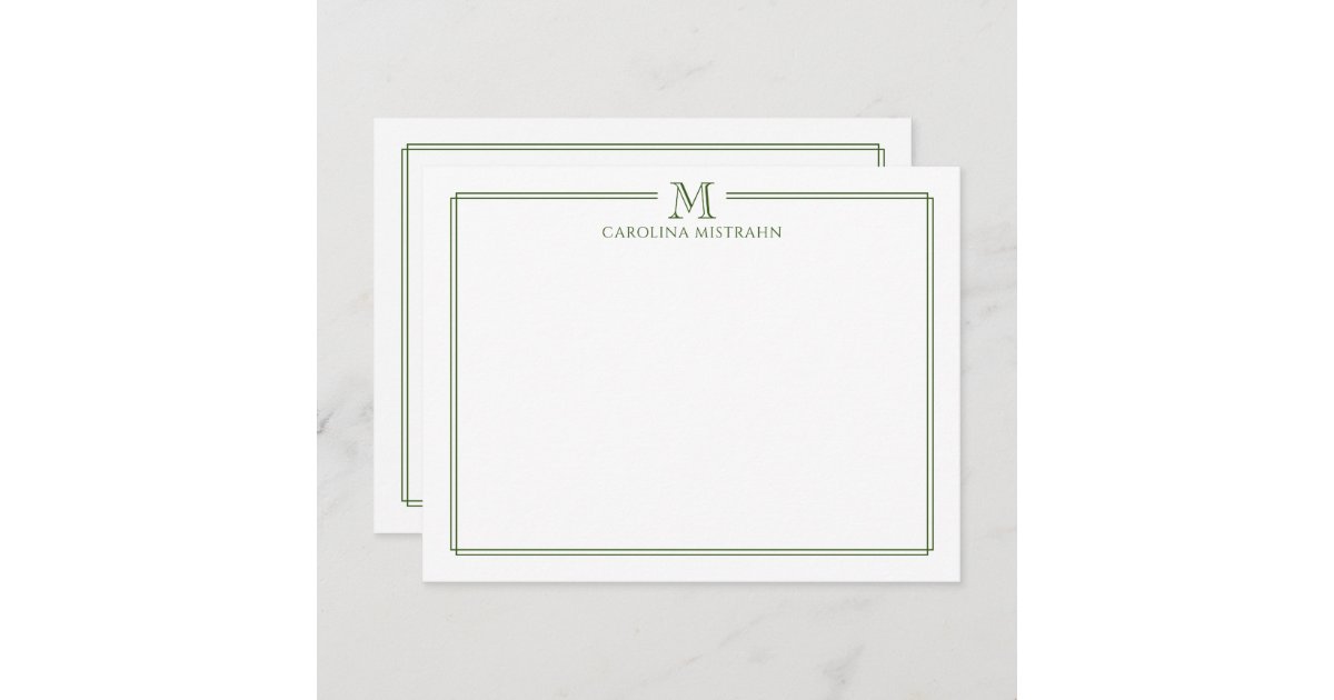 Modern Initial Dark Green Border Stationery Note Card | Zazzle