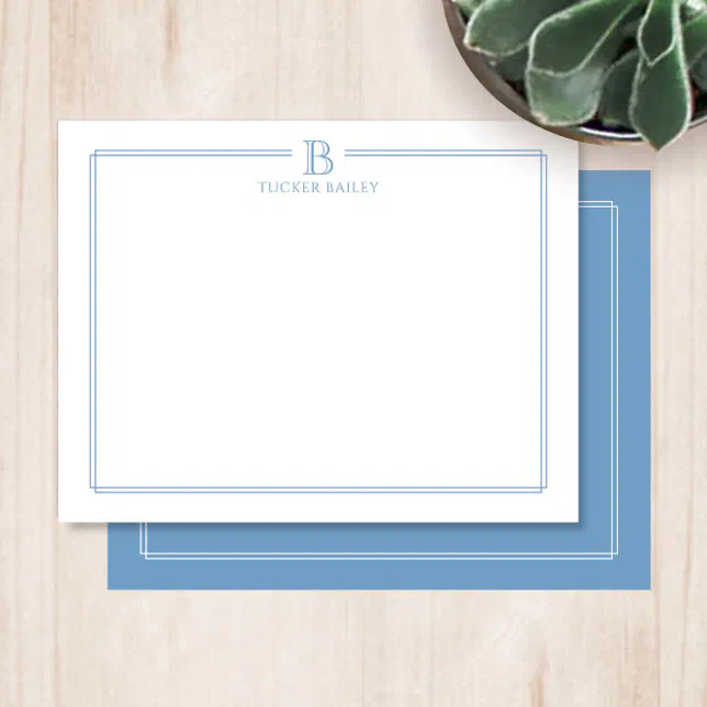 Modern Initial Light Blue Border Stationery Note Card | Zazzle