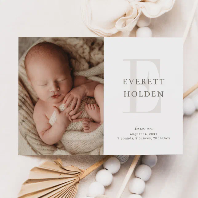 Modern Initial Neutral Baby Three Photo Birth Anno Announcement | Zazzle