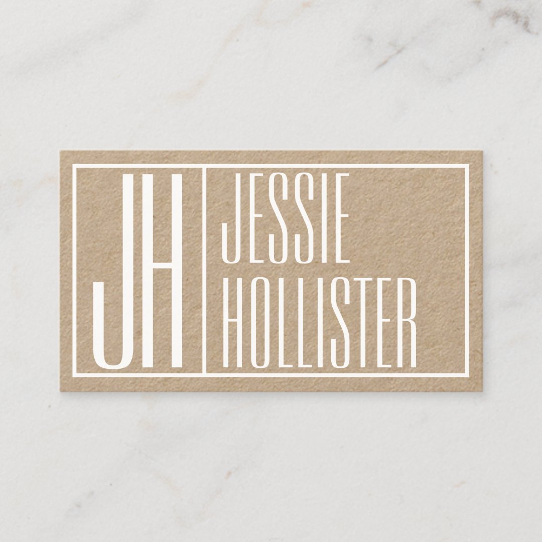 Modern Initials & Name Logo | White on Kraft Paper Business Card | Zazzle