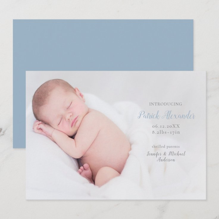 Modern Introducing Baby Boy Photo Blue Birth Announcement | Zazzle