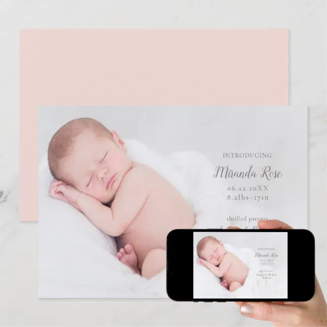 Modern Introducing Baby Girl Photo Pink Birth Announcement | Zazzle