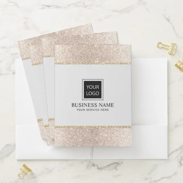 Modern Ivory Gold Glitter Custom Logo Pocket Folder | Zazzle