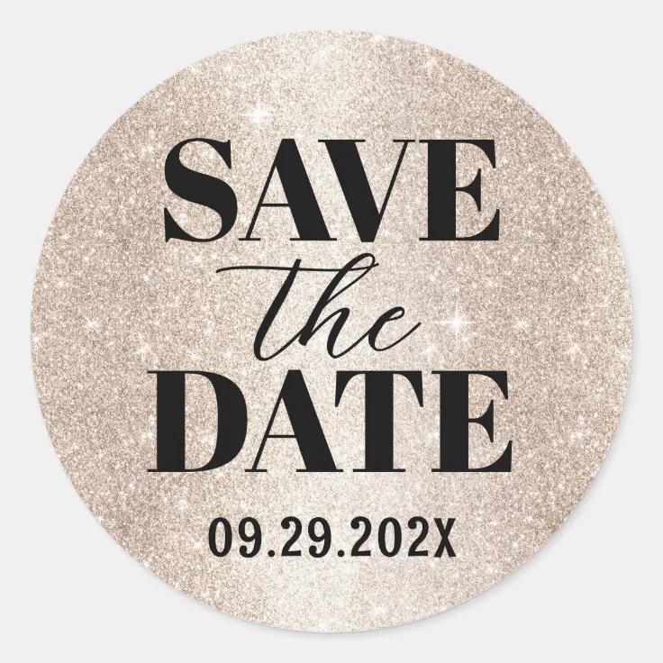 Modern Ivory Gold Glitter Save the Date Classic Round Sticker | Zazzle