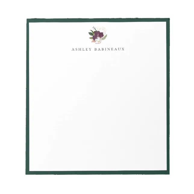 Modern Ivory Plum Floral Bouquet Emerald Frame Notepad | Zazzle