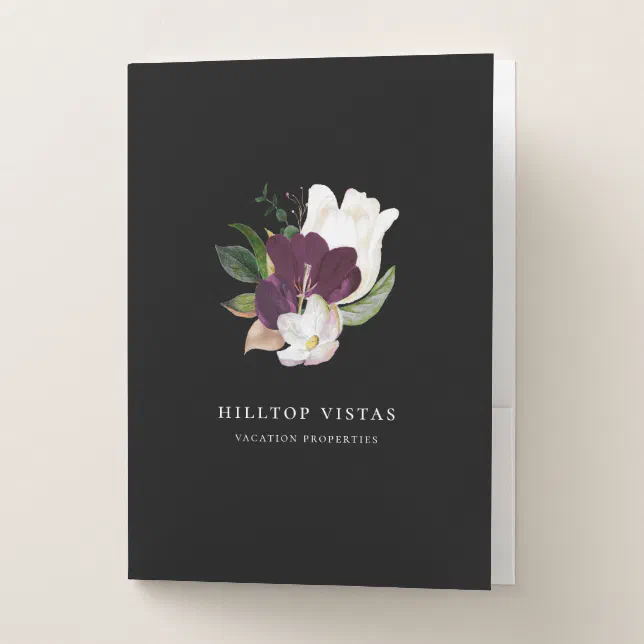 Modern Ivory Purple Floral Bouquet Black Pocket Folder | Zazzle