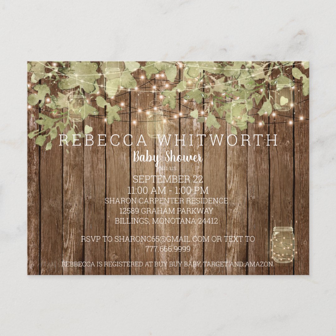 Modern Ivy & String Lights Wood Fence Baby Shower Invitation Postcard ...