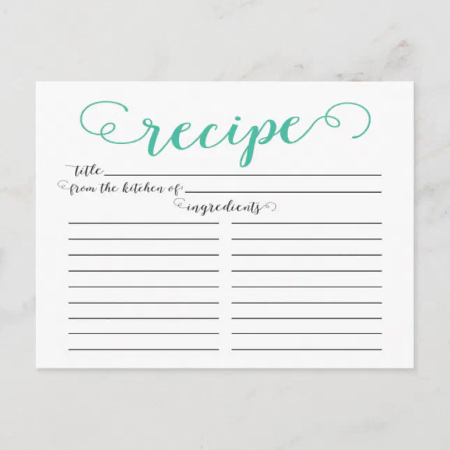 Modern Jade Script Bridal Shower Recipe Cards | Zazzle