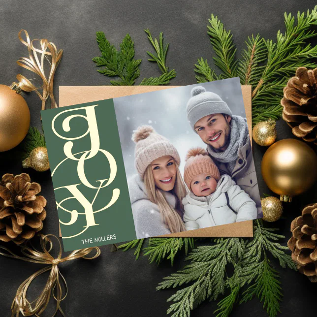 Modern Joy Elegant Typography Green Minimal Photo Foil Holiday Card ...