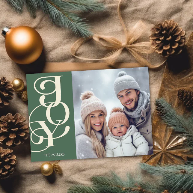 Modern Joy Elegant Typography Green Minimal Photo Holiday Card | Zazzle