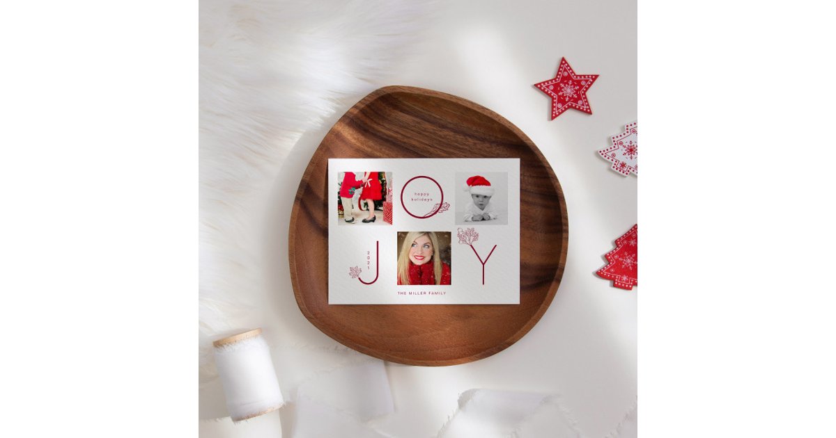 Modern Joy Photo Collage Holiday Card | Zazzle