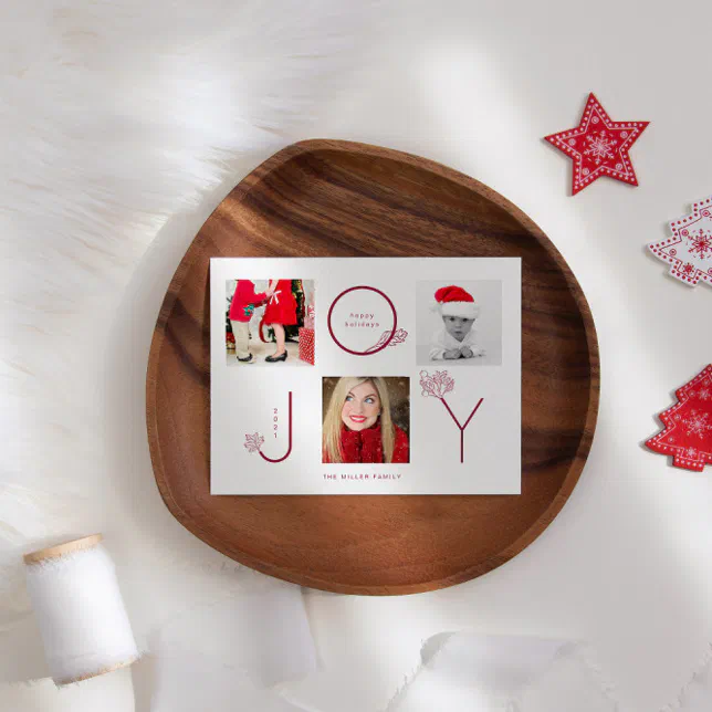 Modern Joy Photo Collage Holiday Card | Zazzle