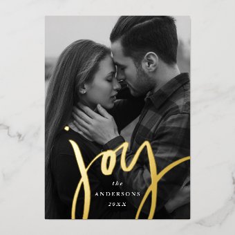 Modern Joy Script Red and Gold Photo Foil Holiday Card | Zazzle