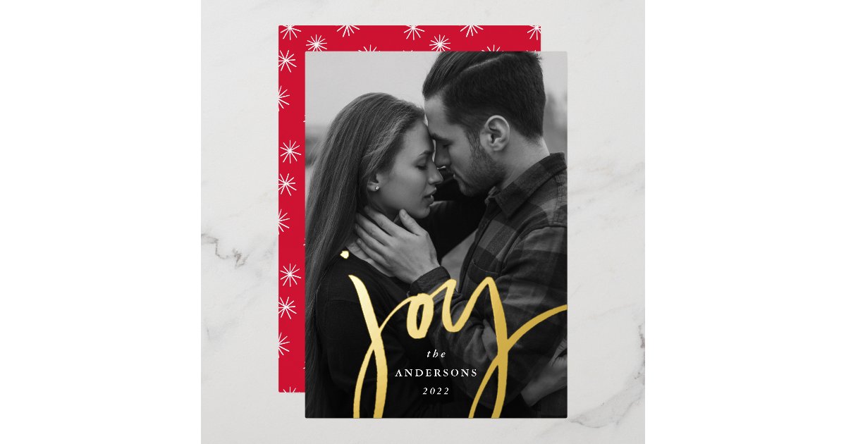 Modern Joy Script Red and Gold Photo Foil Holiday Card | Zazzle
